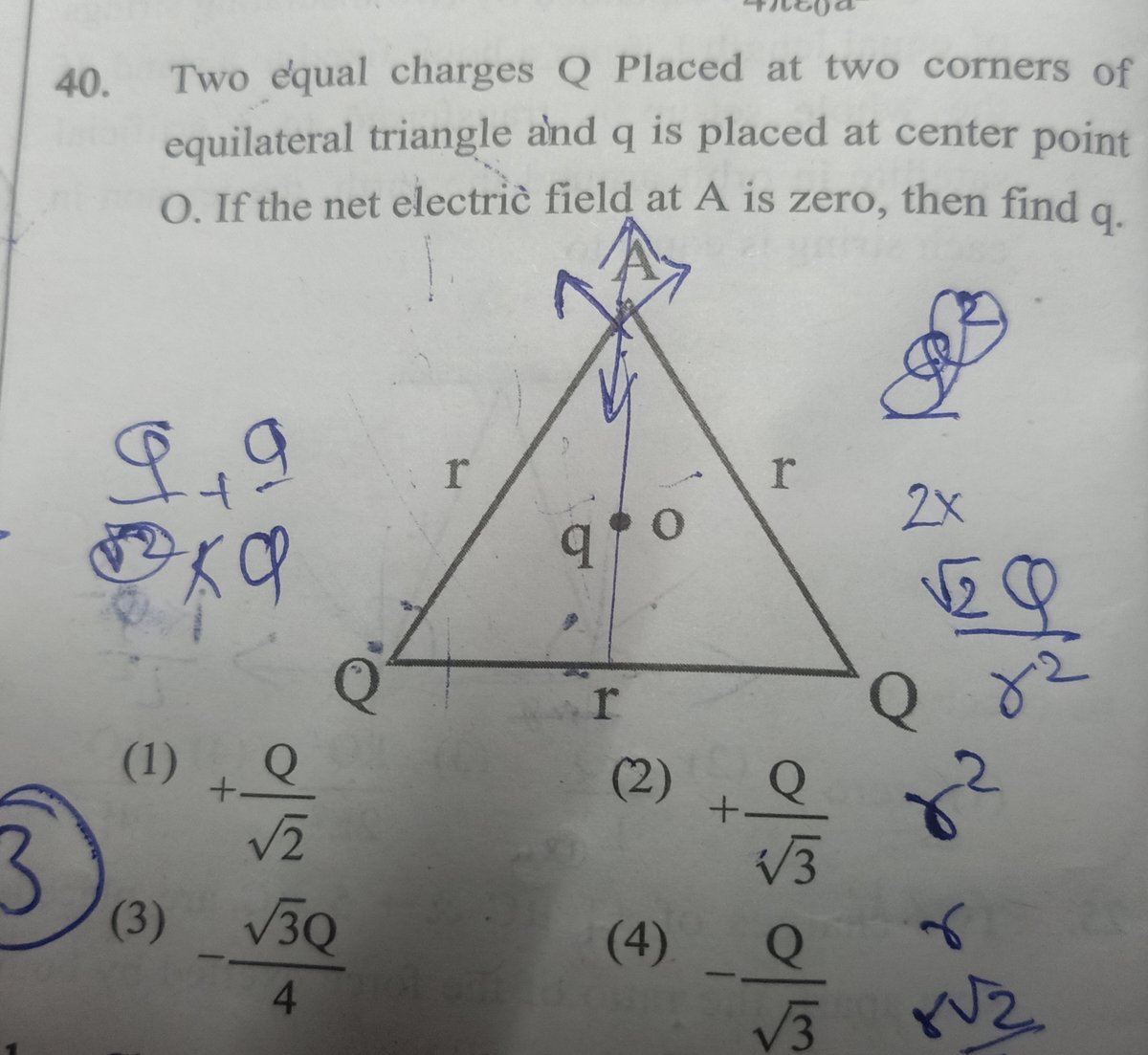 Two equal charges Q Placed at two corners of equilateral triangle and q i..
