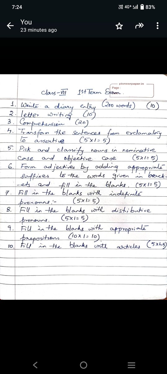 Class VII 1st Term Exam Questions: Write a diary entry (200 words) (10 m..