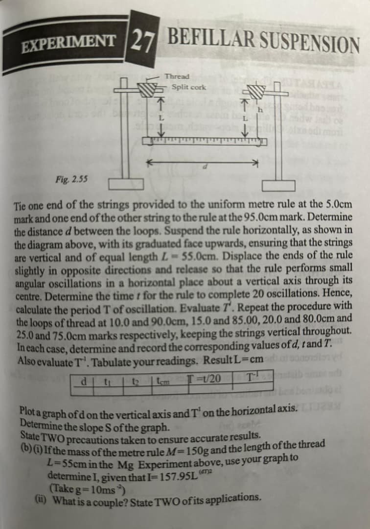 Tie one end of the strings provided to the uniform metre rule at the 5.0c..