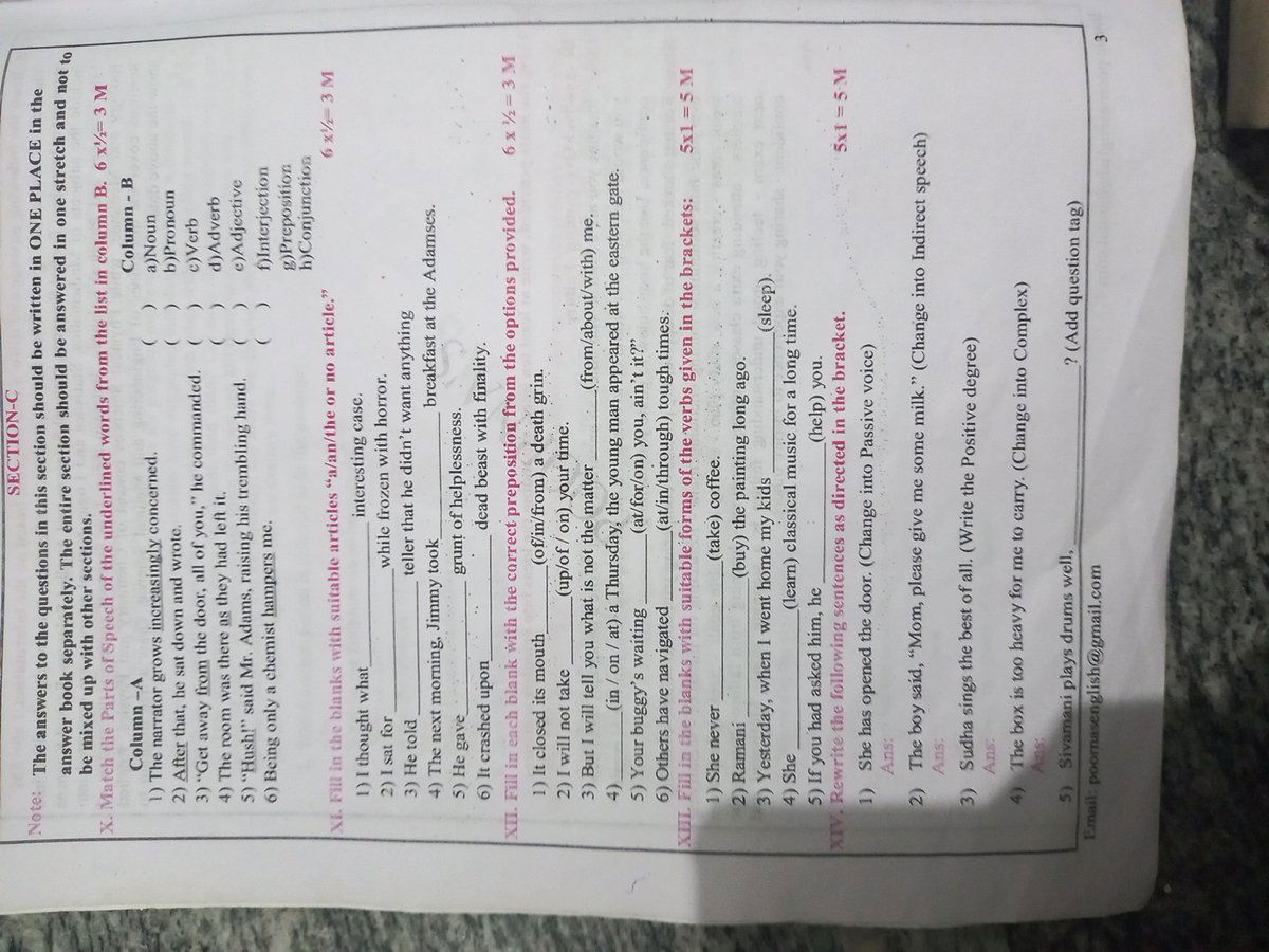 SECTION-C X. Match the Parts of Speech of the underlined words from the
