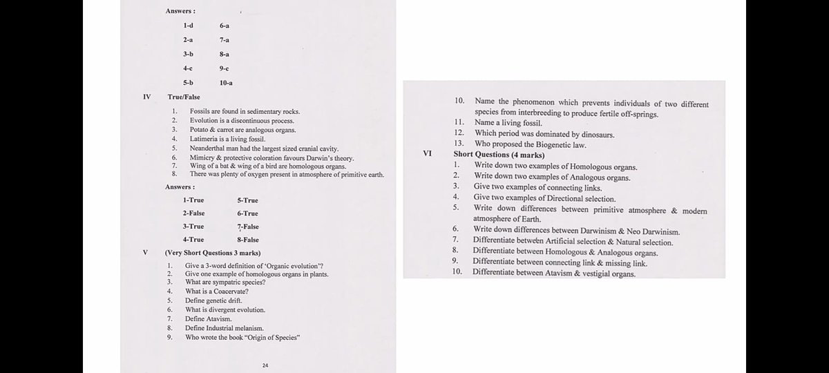 Biology Questions on Evolution and Related Concepts IV. True/False Fossi..