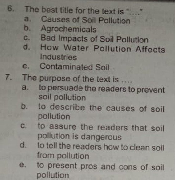 The best title for the text is "..." a. Causes of Soil Pollution b. Agroc..
