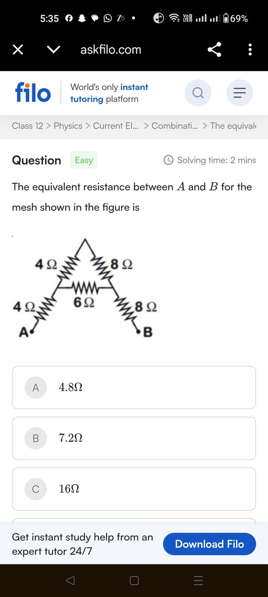 Calculate the equivalent resistance between points A and B for the given