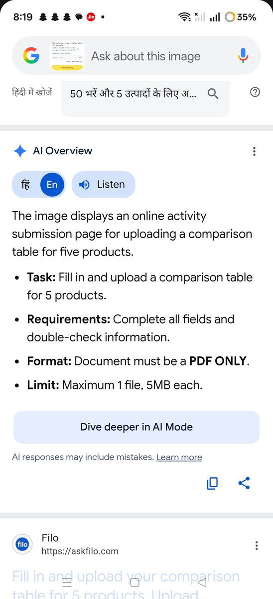 Task Fill in and upload a comparison table for 5 products. Requirements