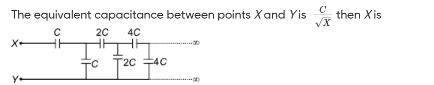 The equivalent capacitance between points X and Y is \frac { C } { \sqrt
