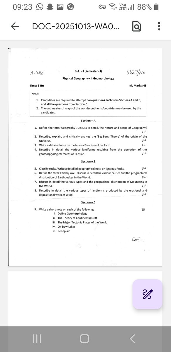 B.A. - I (Semester - I) Physical Geography - I: Geomorphology Section