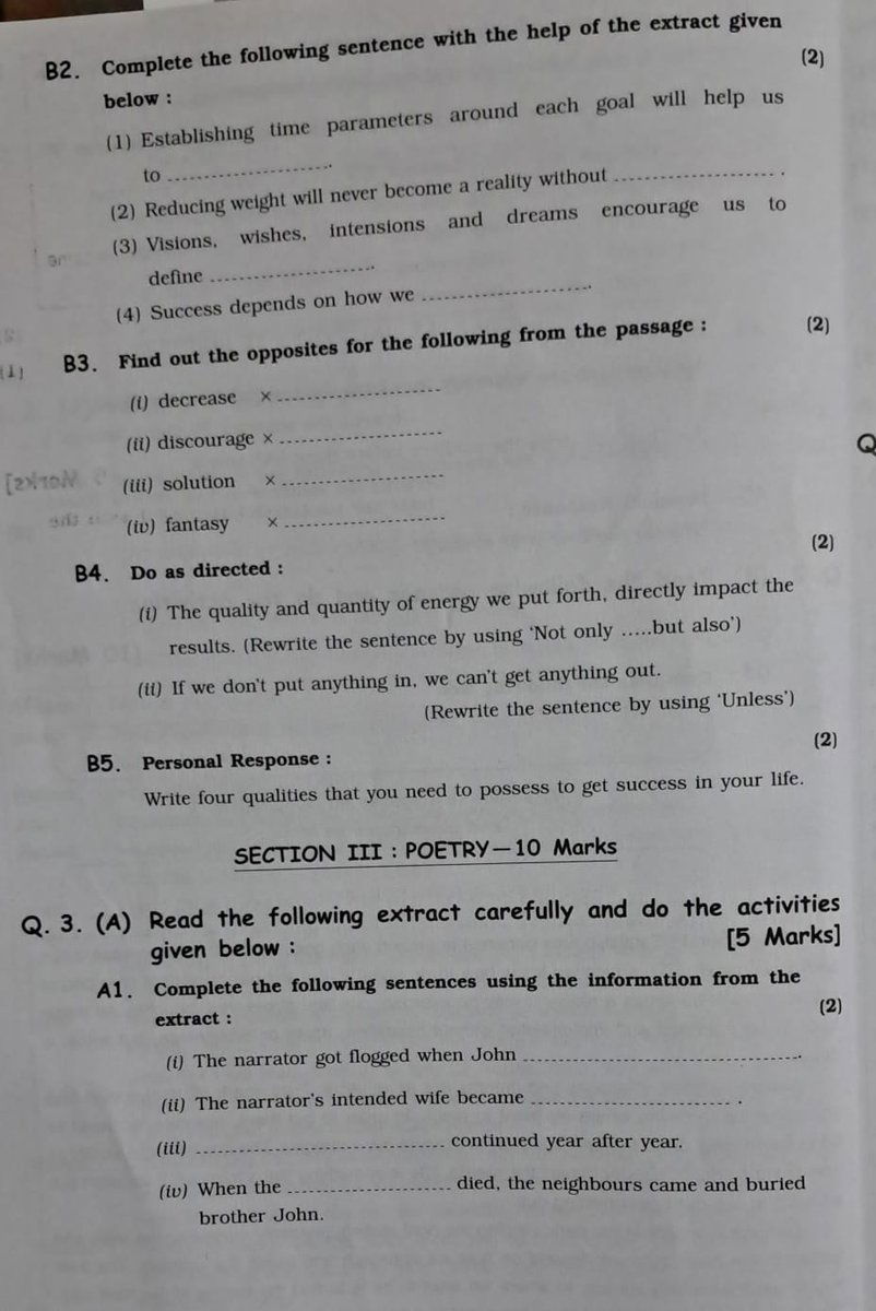 B2. Complete the following sentences with the help of the extract given b..