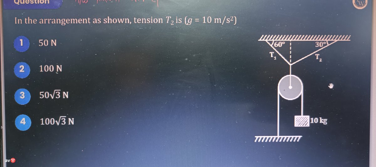 In the given arrangement, find the tension T_2 in the string if g = 10
