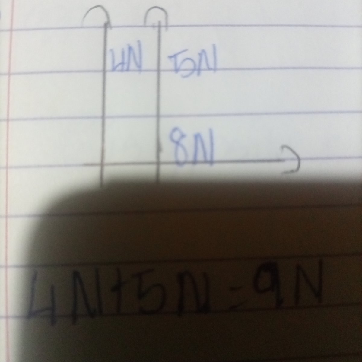 The image shows a diagram with forces: 4N and 5N acting upwards, and 8N a..