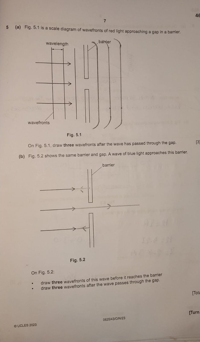 7 5 (a) Fig. 5.1 is a scale diagram of wavefronts of red light approachi..