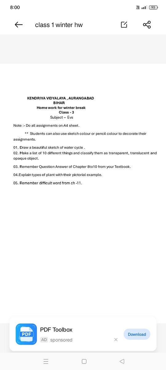Kendriya Vidyalaya, Aurangabad, Bihar Homework for winter break Class: 3..