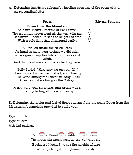 A. Rhyme Scheme Label each line of the poem "Down from the Mountain" wit..