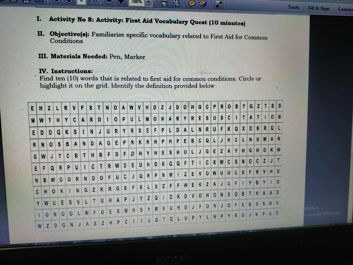 Find ten (10) words that is related to first aid for common conditions. C..
