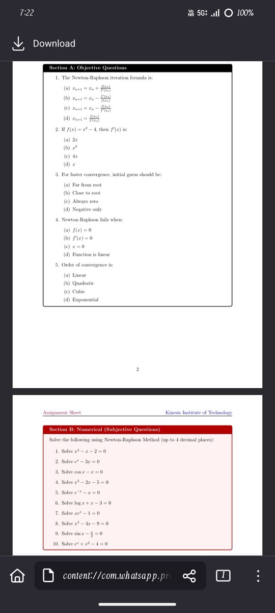 Section A: Objective Questions The Newton-Raphson iteration formula is: