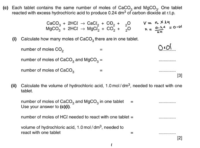 (c) Each tablet contains the same number of moles of \mathrm { CaCO } _ {..