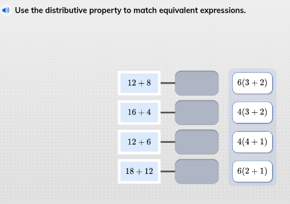 Use the distributive property to match equivalent expressions. 12 + 8 16..