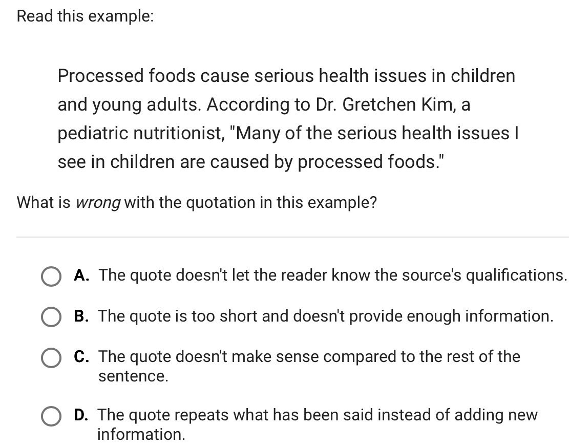 Read this example: Processed foods cause serious health issues in childr..