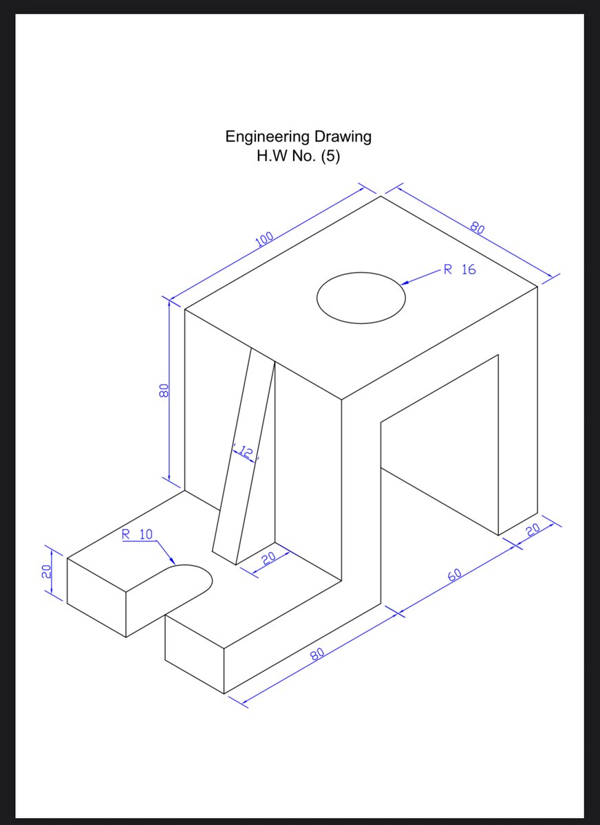 Engineering Drawing H.W No. (5) [Diagram of a 3D object with dimensions]..