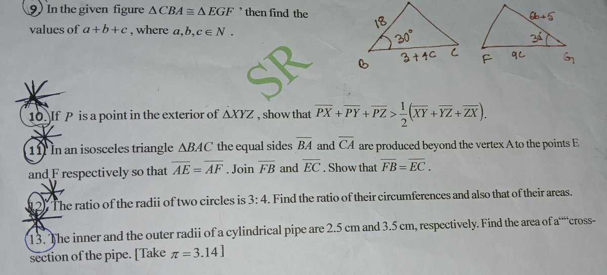 Questions 9) In the given figure \triangle CBA \cong \triangle EGF, then..