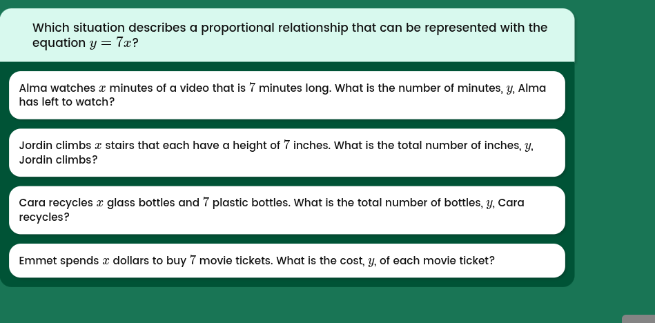Which situation describes a proportional relationship that can be represe..