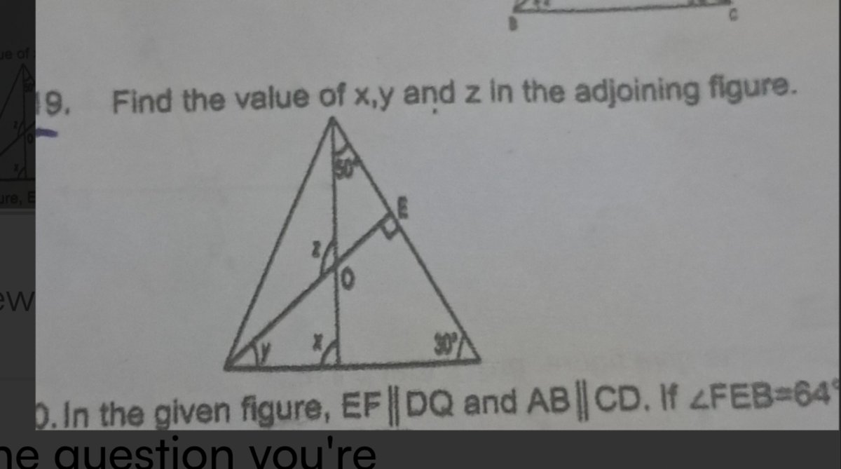 Find the values of x, y, and z in the triangle shown below, where \angle