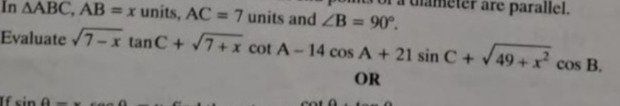 In triangle ABC, AB = x units, AC = 7 units, and angle B = 90 degrees. E..