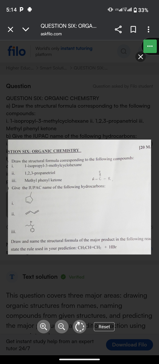 QUESTION SIX: ORGANIC CHEMISTRY a) Draw the structural formula correspon..