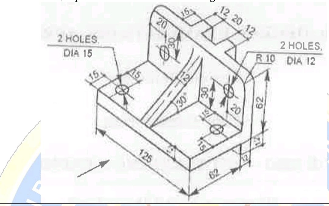 Given the 3D mechanical drawing with dimensions including hole diameters,..