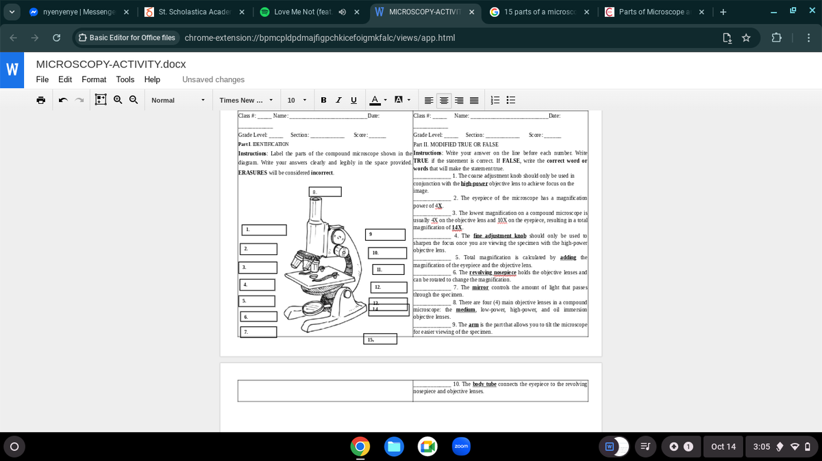 Part I. IDENTIFICATION Instructions: Label the parts of the compound micr..