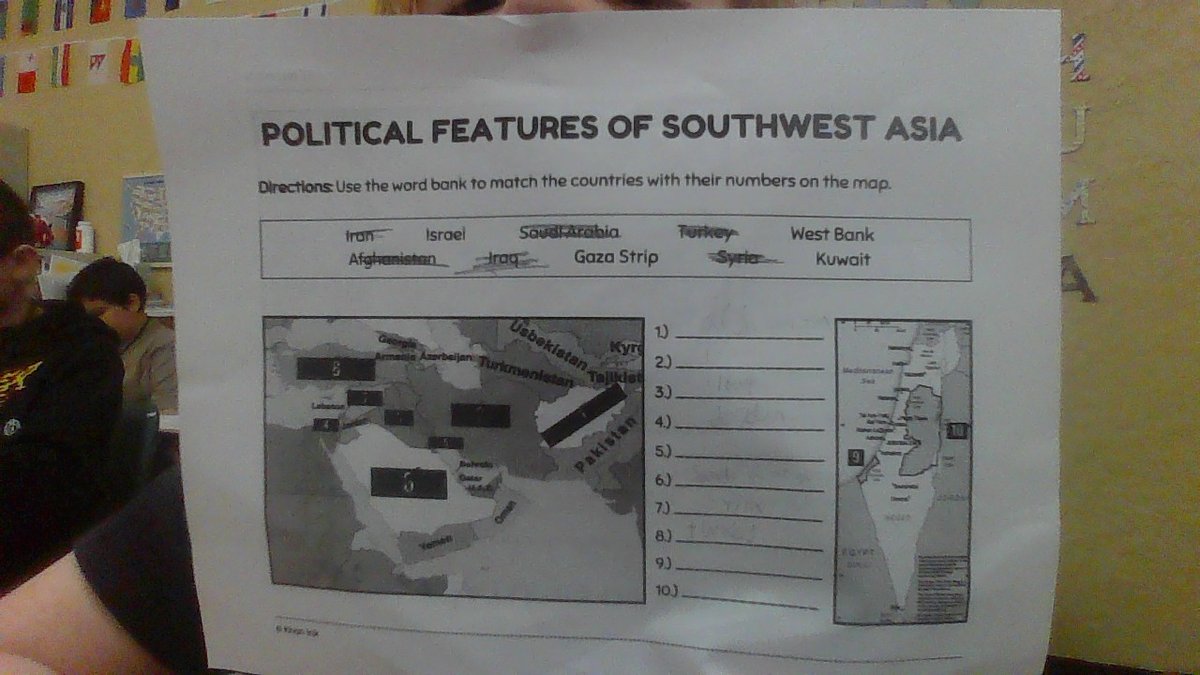 POLITICAL FEATURES OF SOUTHWEST ASIA Directions: Use the word bank to ma..