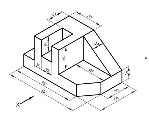 Given the isometric drawing of a mechanical part with the following dimen..
