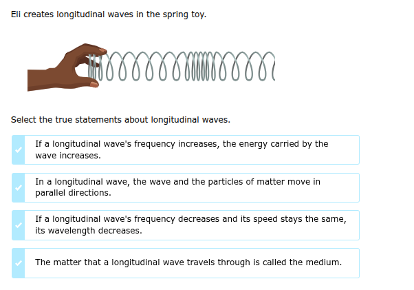 Eli creates longitudinal waves in the spring toy. Select the true statem..