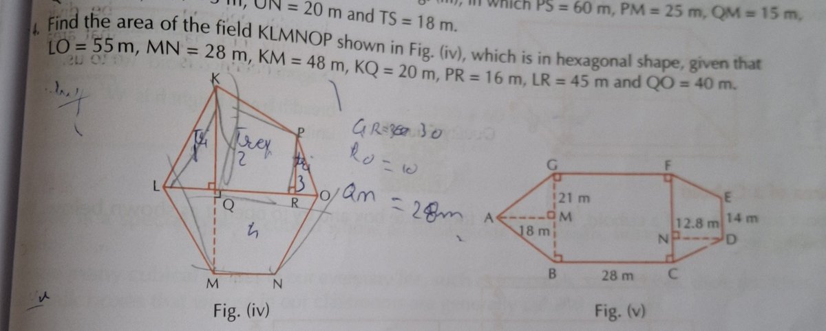 Find the area of the hexagonal field KLMNOP shown in Fig. (iv), given the..