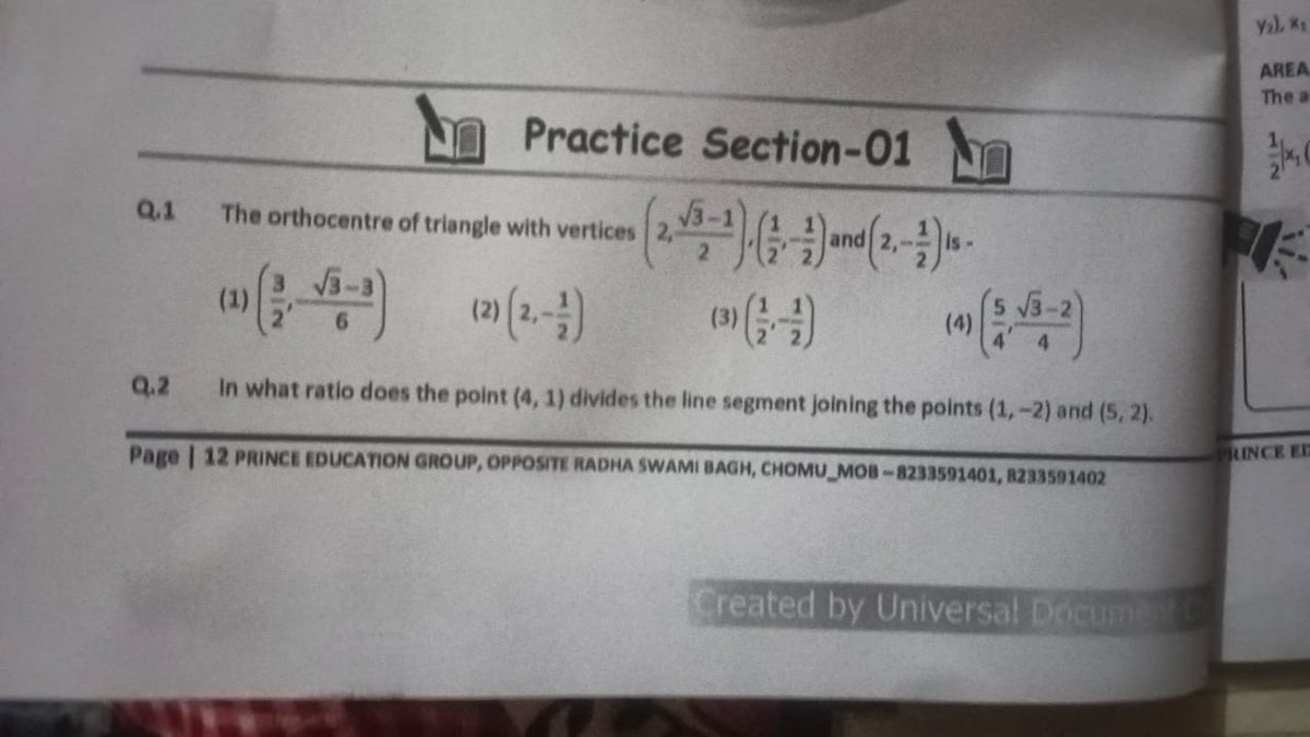 Question 1 Find the orthocentre of the triangle with vertices (2, \frac{..