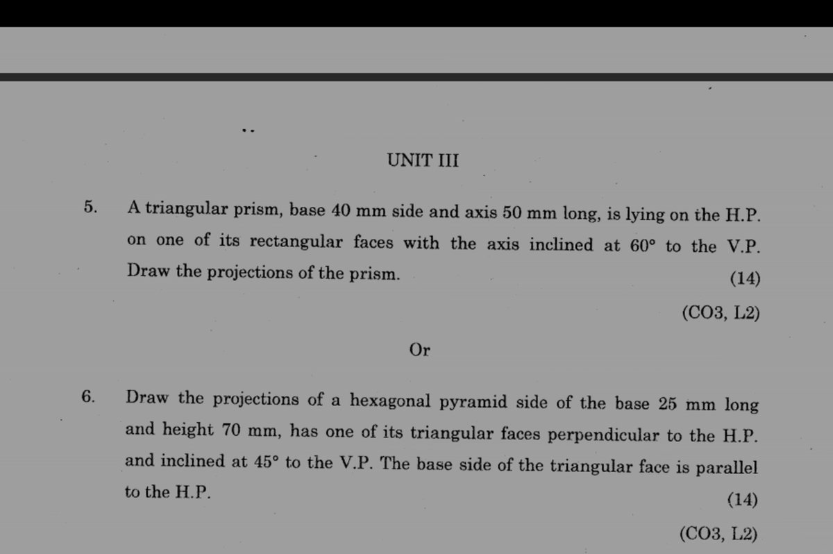 A triangular prism, base 40 mm side and axis 50 mm long, is lying on the