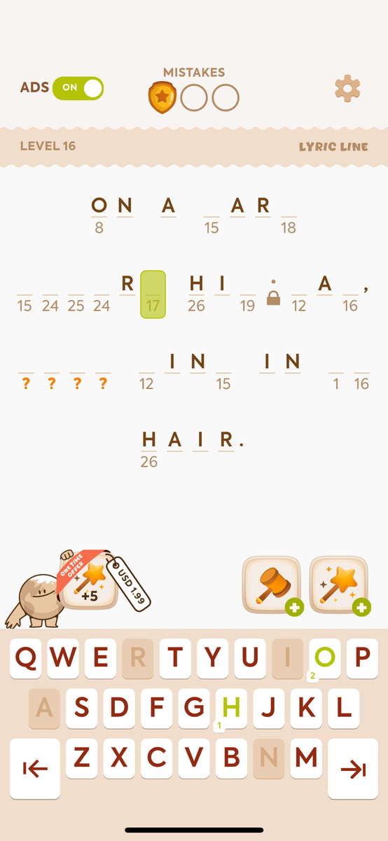 In this lyric-based substitution puzzle, each letter is represented by a