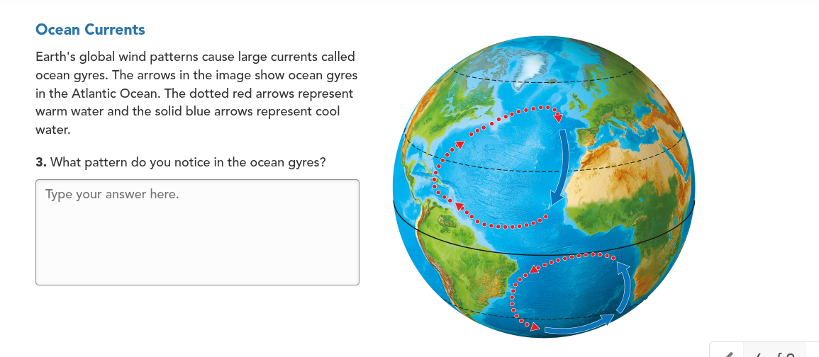 Earth's global wind patterns cause large currents called ocean gyres. The..