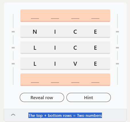 The top and the bottom rows each represent a four-letter number. Given th..