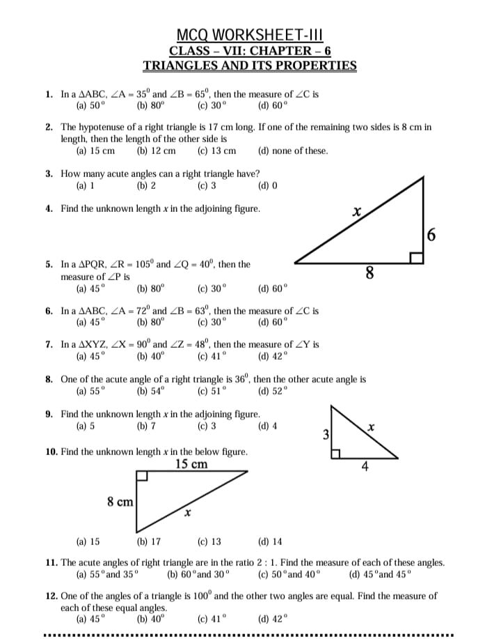 MCQ WORKSHEET-III CLASS - VII: CHAPTER - 6 TRIANGLES AND ITS PROPERTIES..