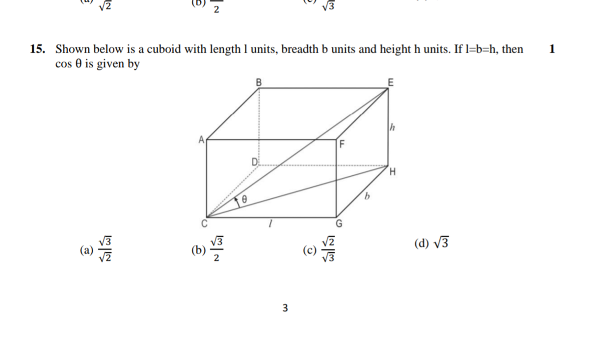 Shown below is a cuboid with length l units, breadth b units and height h..