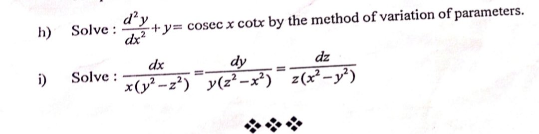 Solve the following differential equations: h) \frac{d^2 y}{dx^2} + y