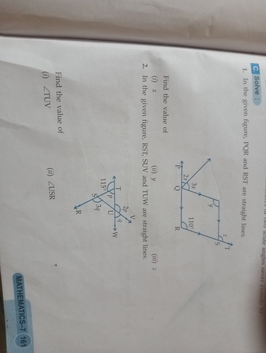 In the figure, PQR and RST are straight lines. Find the values of: (i)..