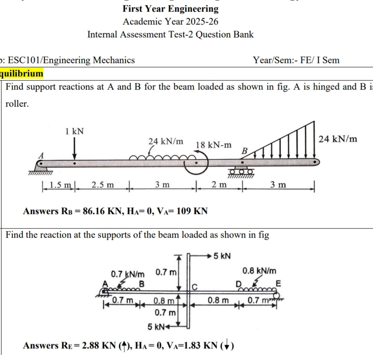 Question 1 Find support reactions at A and B for the beam loaded as shown..