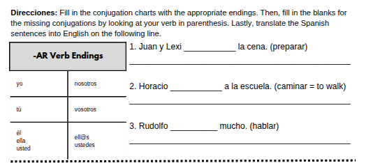 Fill in the conjugation charts with the appropriate endings. Then, fill i..