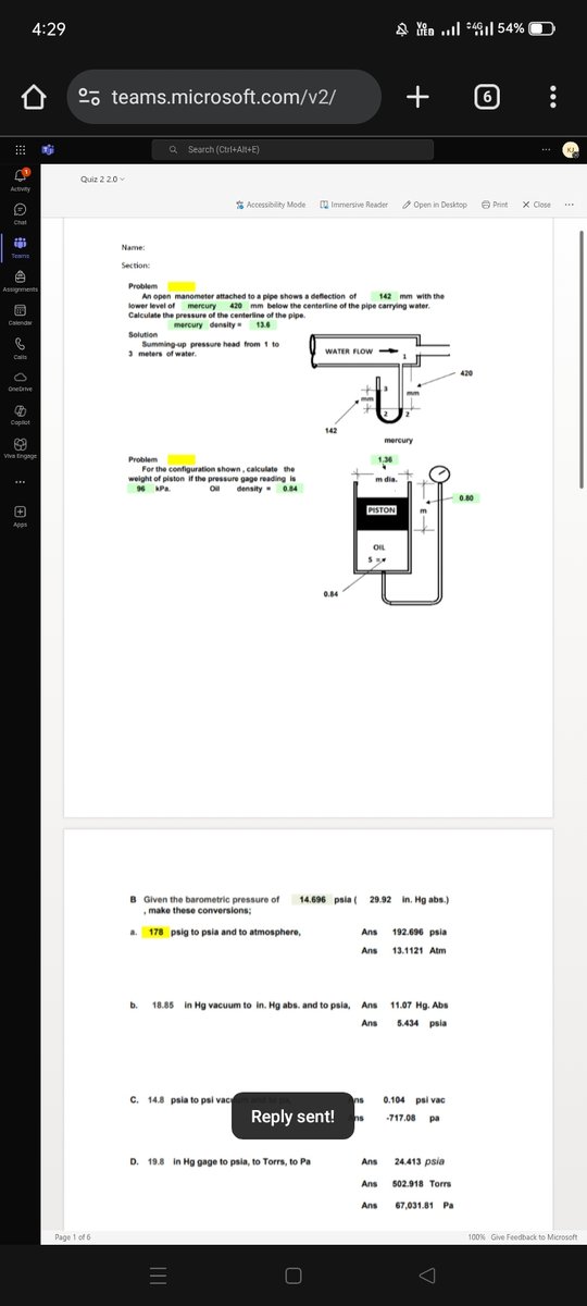 An open manometer attached to a pipe shows a deflection of 142 mm with th..