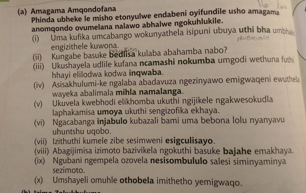 (a) Amagama Amqondofana Phinda ubheke le misho etonyulwe endabeni oyifund..