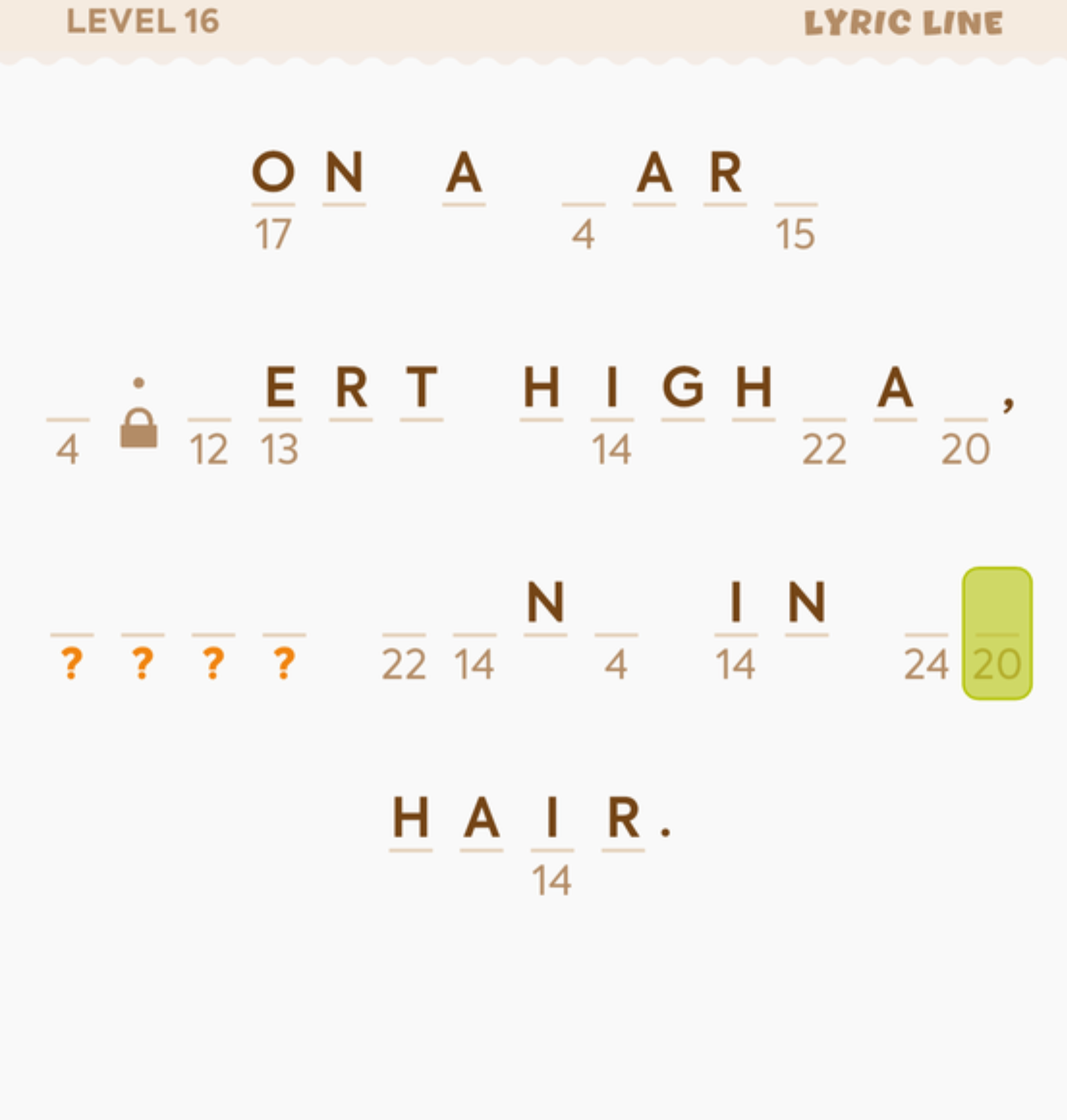 Complete the lyric line based on the given letters and numbers: ON A _ A..