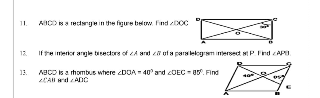 ABCD is a rectangle. Find \angle DOC. In a parallelogram, the interior a..