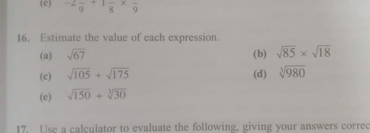 Estimate the value of each expression: (a) \sqrt{67} (b) \sqrt{85}