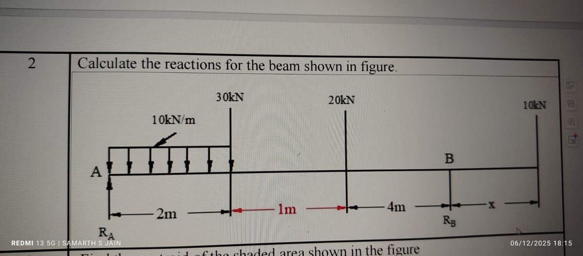 Calculate the reactions for the beam shown in the figure below, which inc..